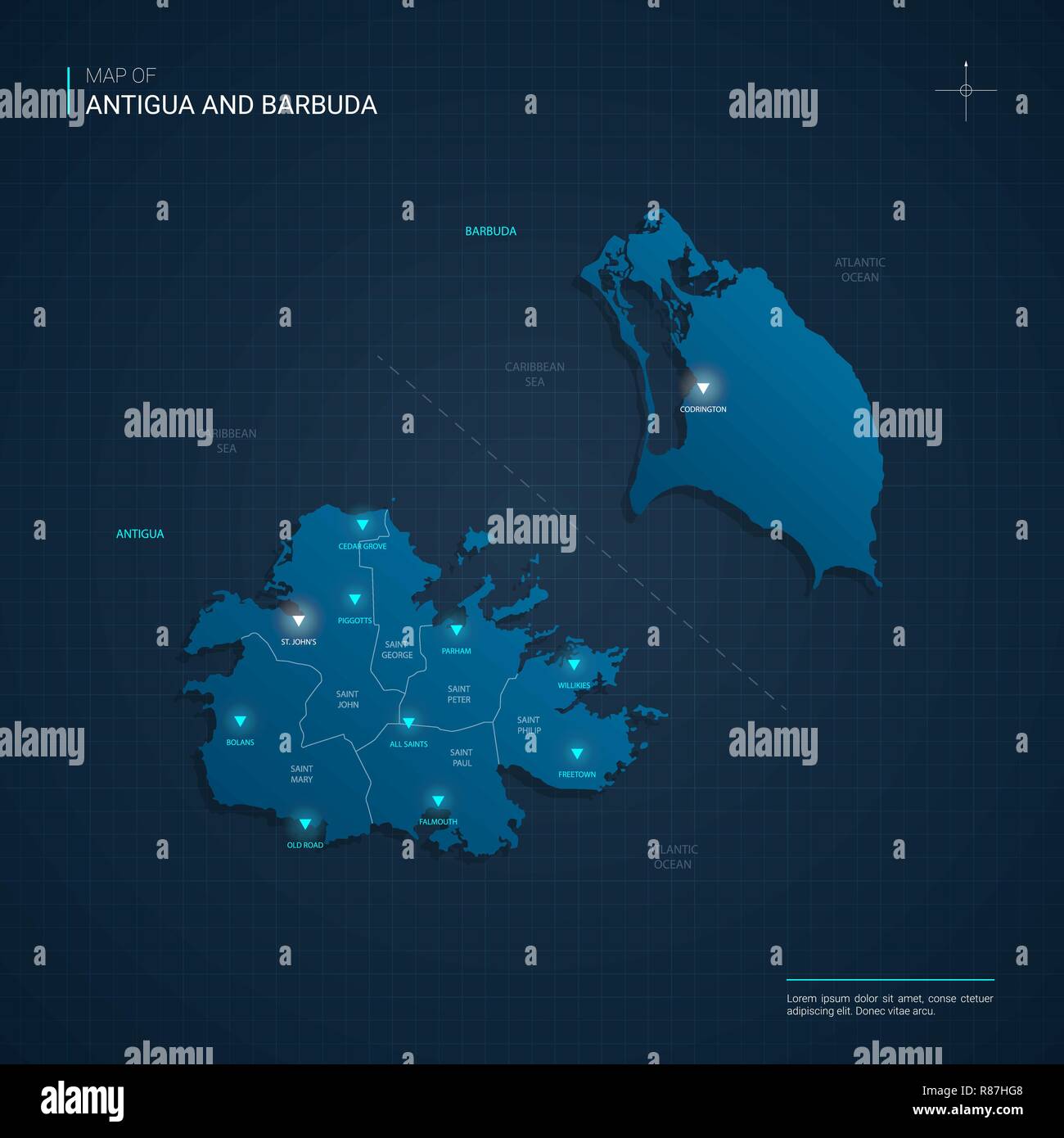 Vector Antiqua and Barbuda map illustration with blue neon lightpoints ...