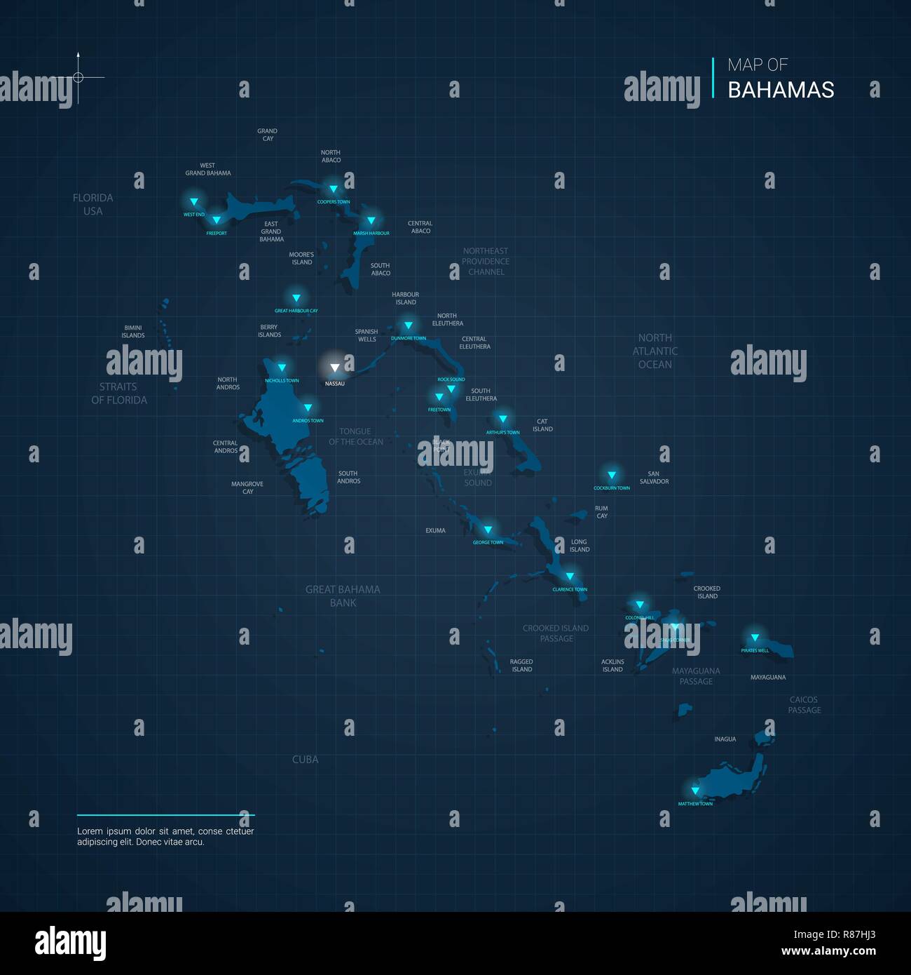 Vector Bahamas map illustration with blue neon lightpoints - triangle ...