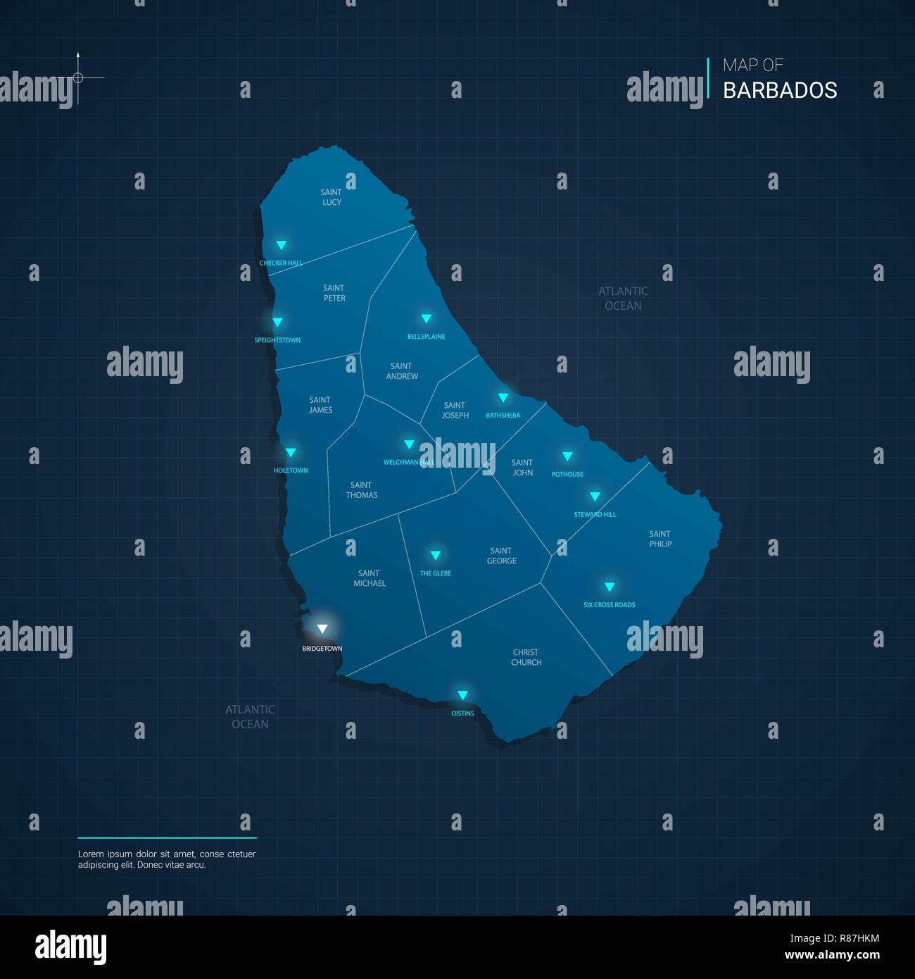Vector Barbados map illustration with blue neon lightpoints - triangle ...