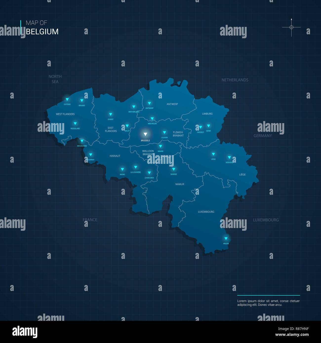 Vector Belgium map illustration with blue neon lightpoints - triangle ...