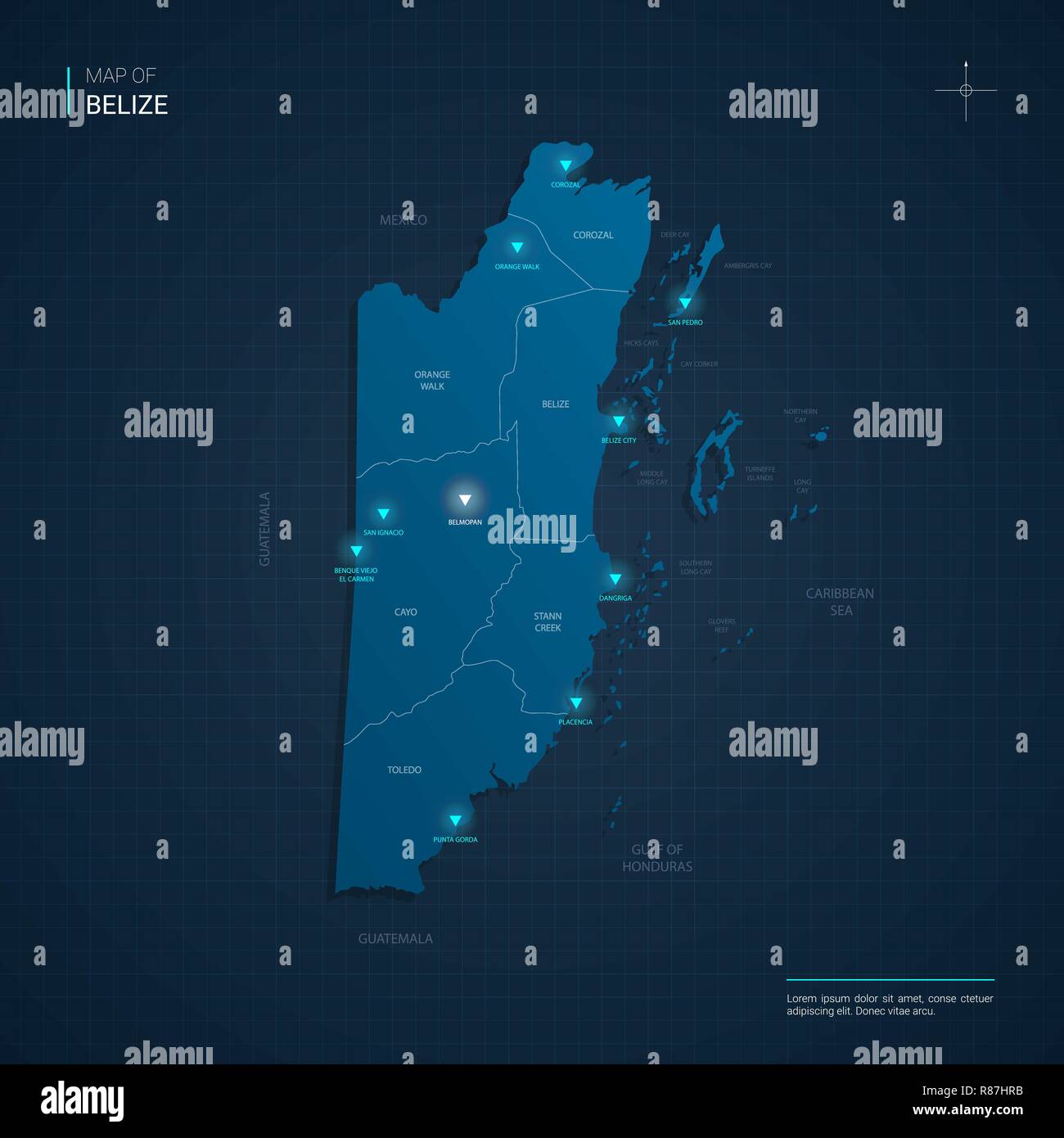 Vector Belize map illustration with blue neon lightpoints - triangle on ...