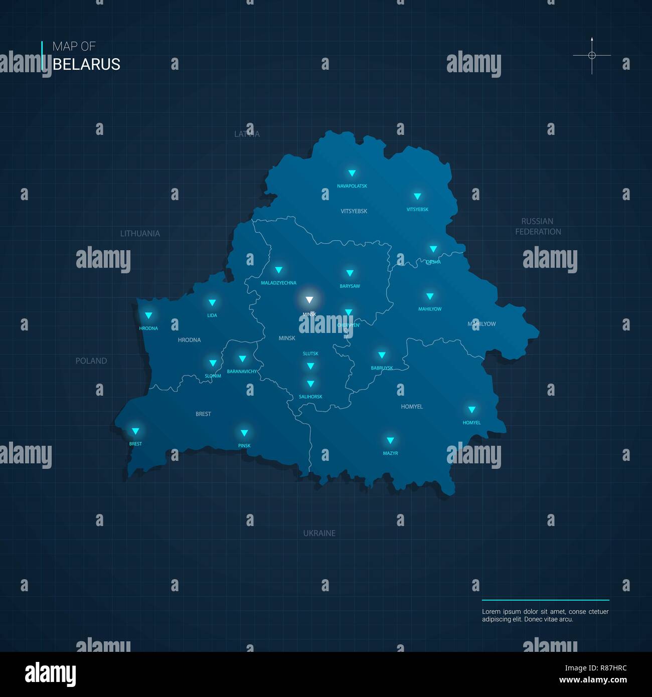 Vector Belarus map illustration with blue neon lightpoints - triangle ...