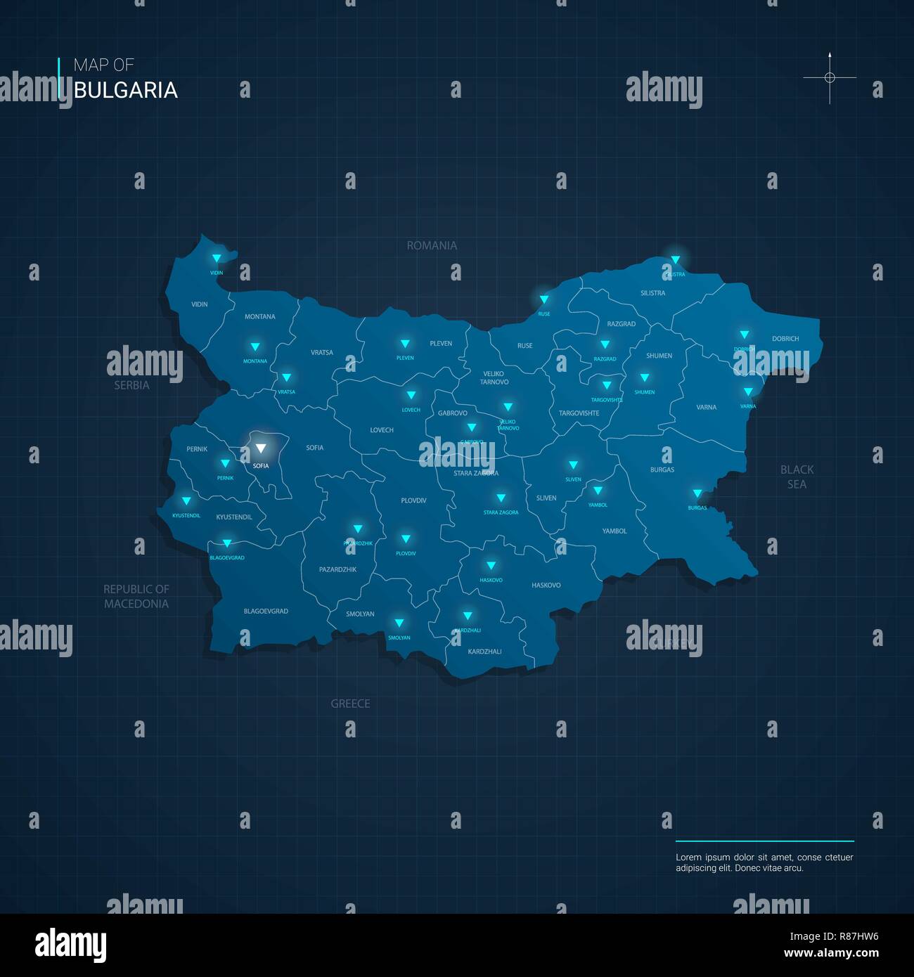 Vector Bulgaria map illustration with blue neon lightpoints - triangle ...