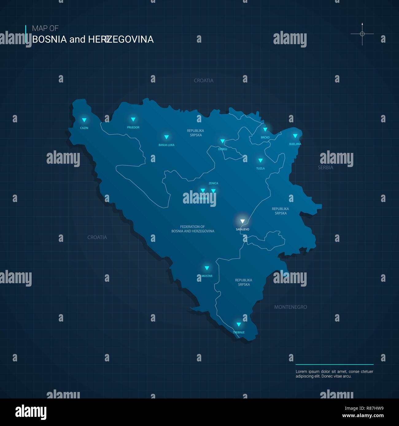 Vector Bosnia Herzegovina map illustration with blue neon lightpoints ...