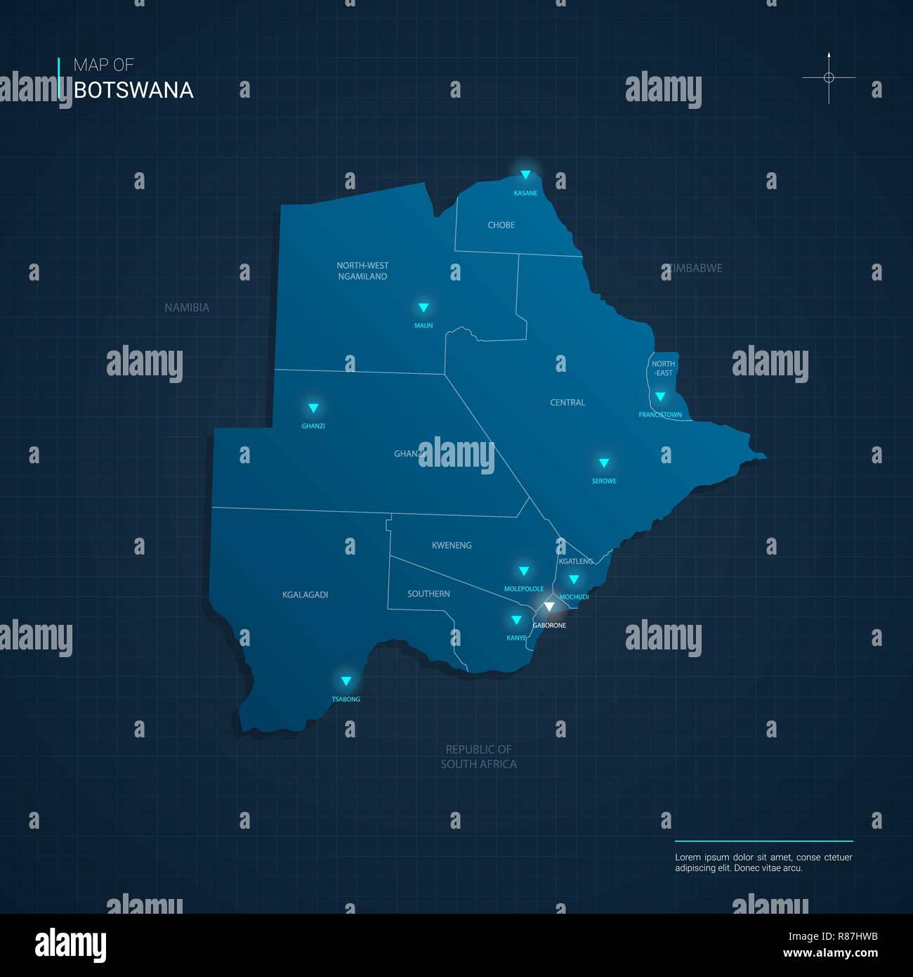 Vector Botswana map illustration with blue neon lightpoints - triangle ...