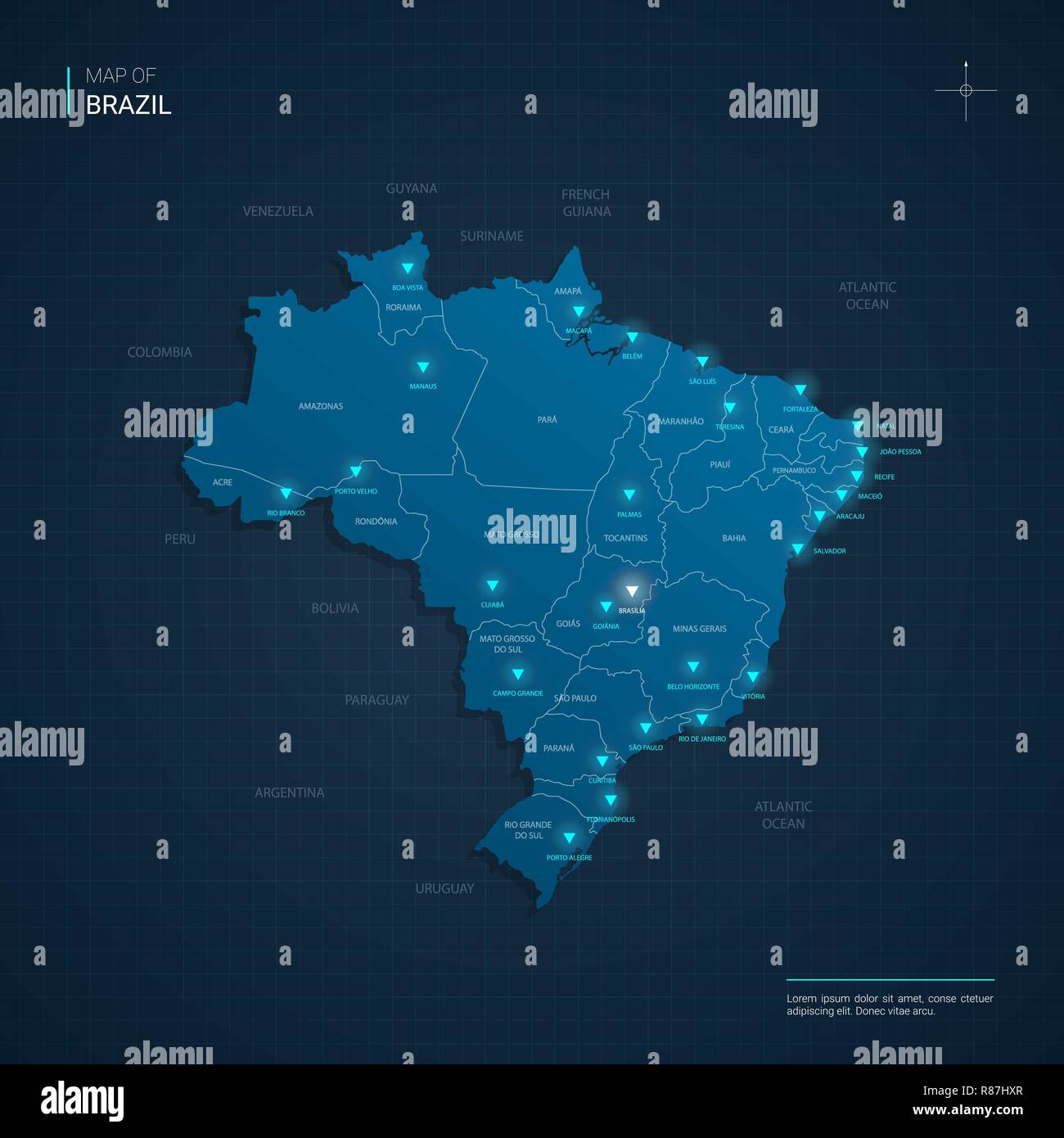 Vector Brazil map illustration with blue neon lightpoints - triangle on ...