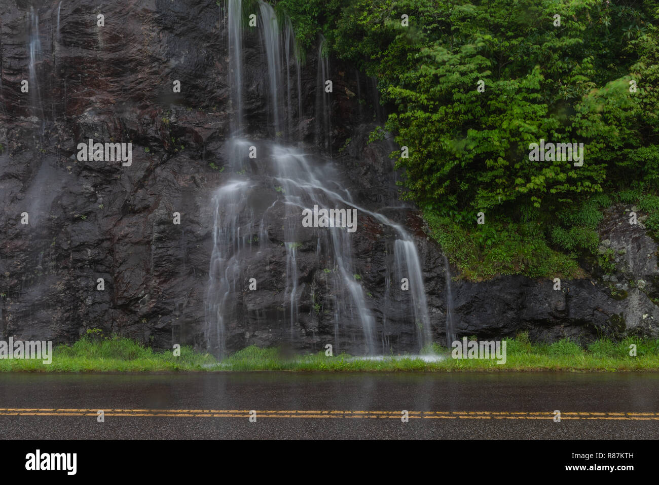 Water Streams Down Cliff on Blue Ridge Parkway during rain storm Stock ...