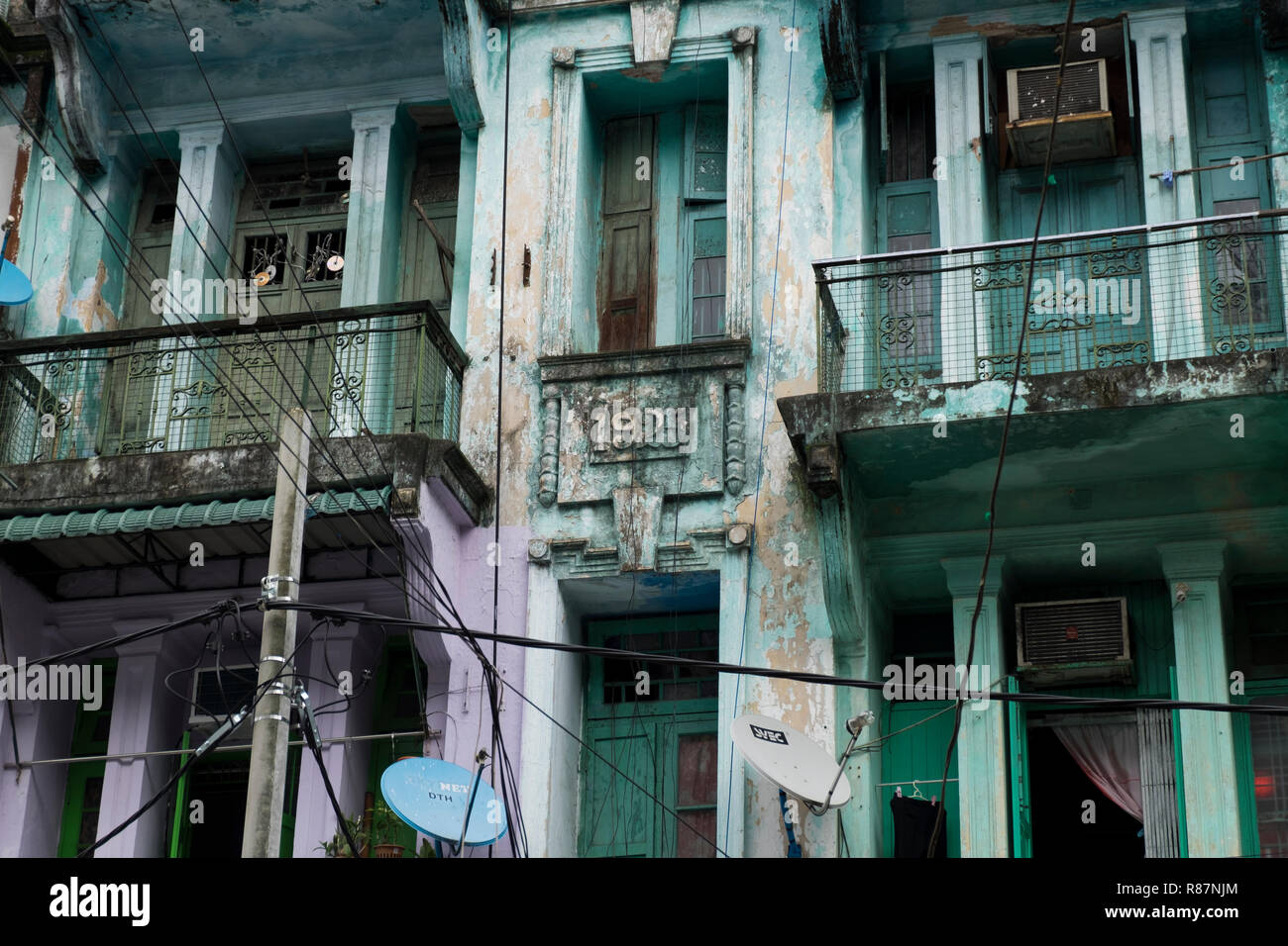 Interesting building facade, showing the gritty urban fabric, in Yangon ...