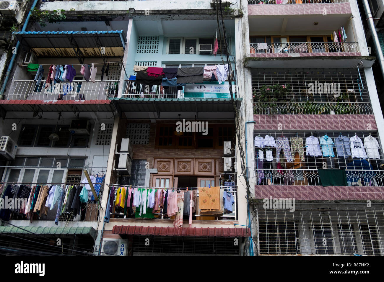 Interesting building facade, showing the gritty urban fabric, in Yangon ...