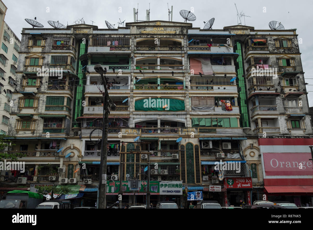Interesting building facade, showing the gritty urban fabric, in Yangon ...