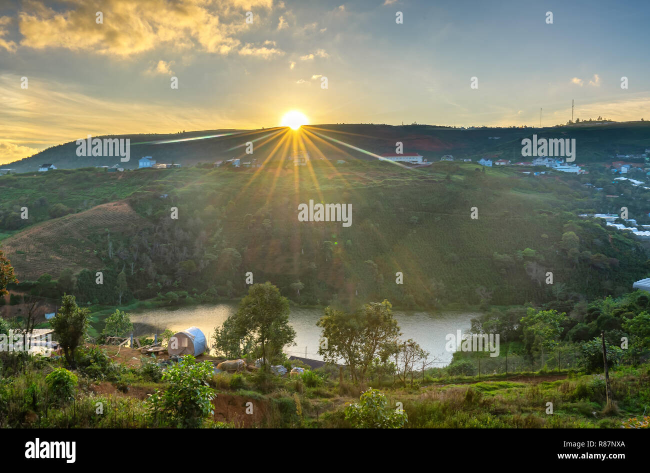 Dawn on plateau in morning with colorful sky, while sun rising from ...