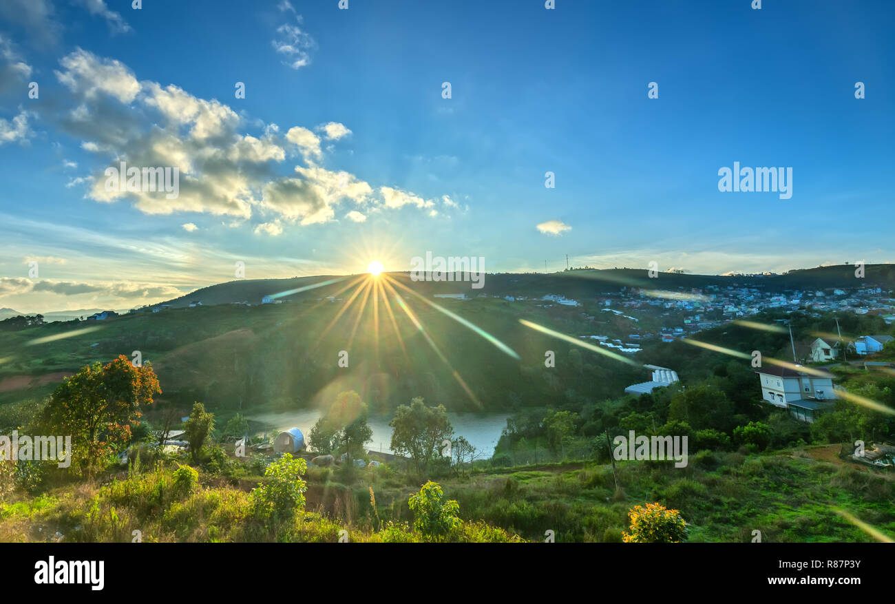 Dawn on plateau in morning with colorful sky, while sun rising from ...