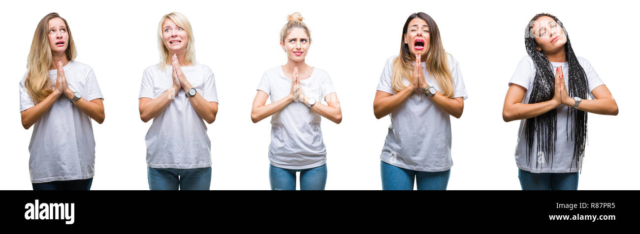Collage of group of beautiful woman wearing casual white t-shirt over ...