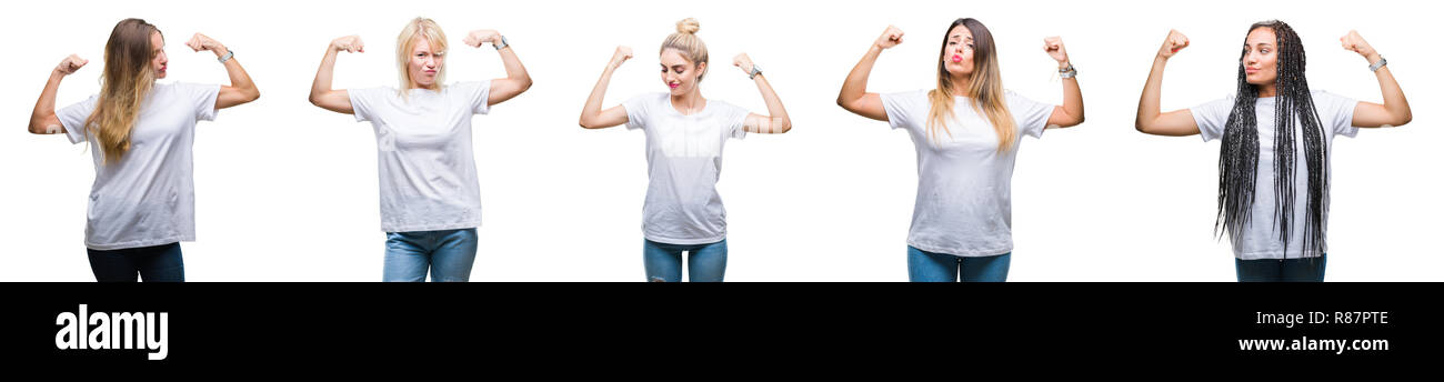 Collage of group of beautiful woman wearing casual white t-shirt over ...
