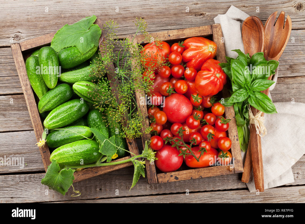 Fresh garden tomatoes and cucumbers on cooking table. Top view Stock ...