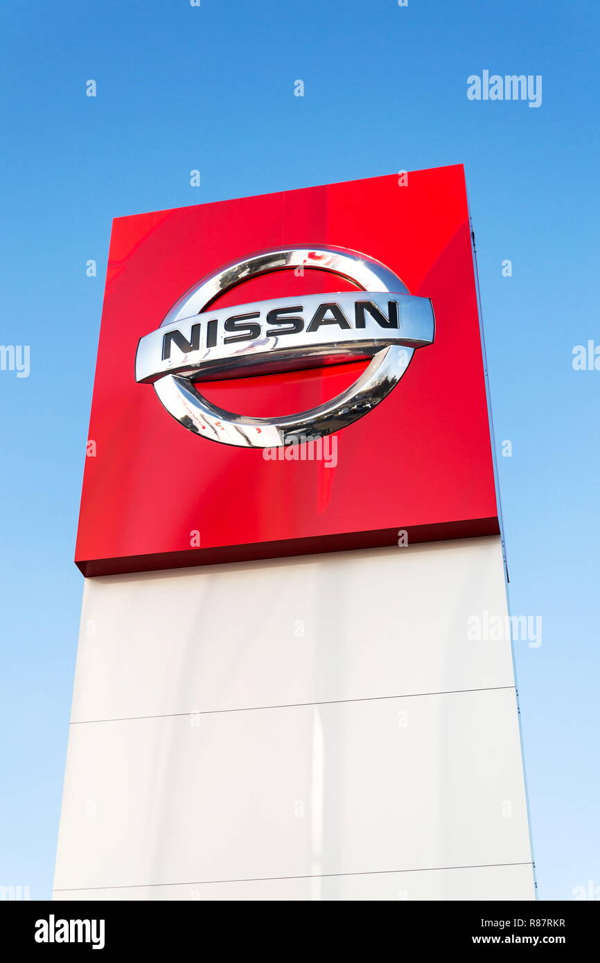 PRAGUE, CZECH REPUBLIC - DECEMBER 13 2018: Nissan motor company logo in ...