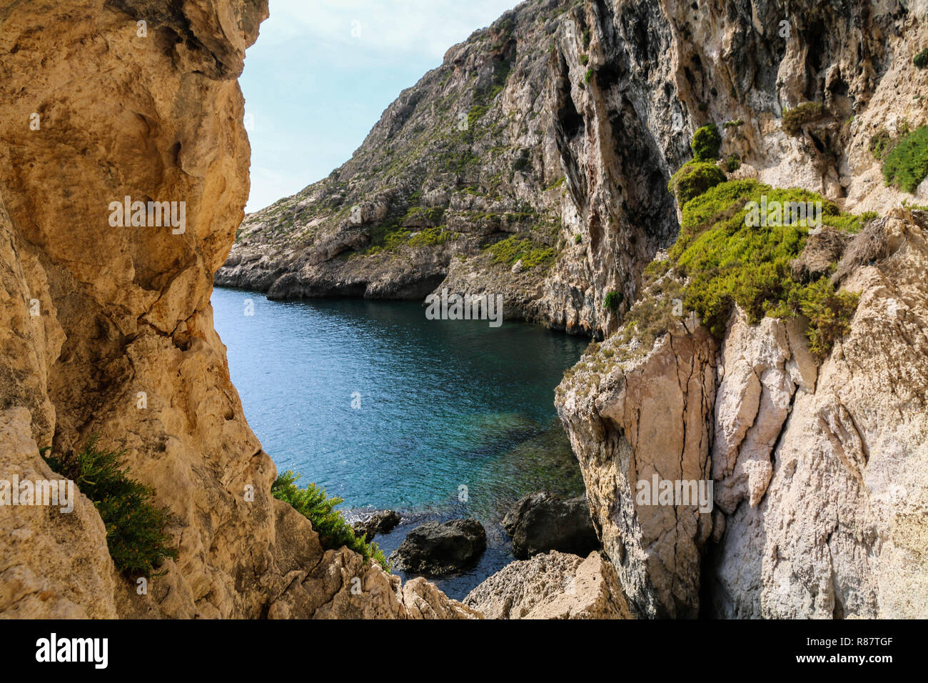 Xlendi, Gozo, Malta - Panoramic view to the sea, rocks and the sky ...