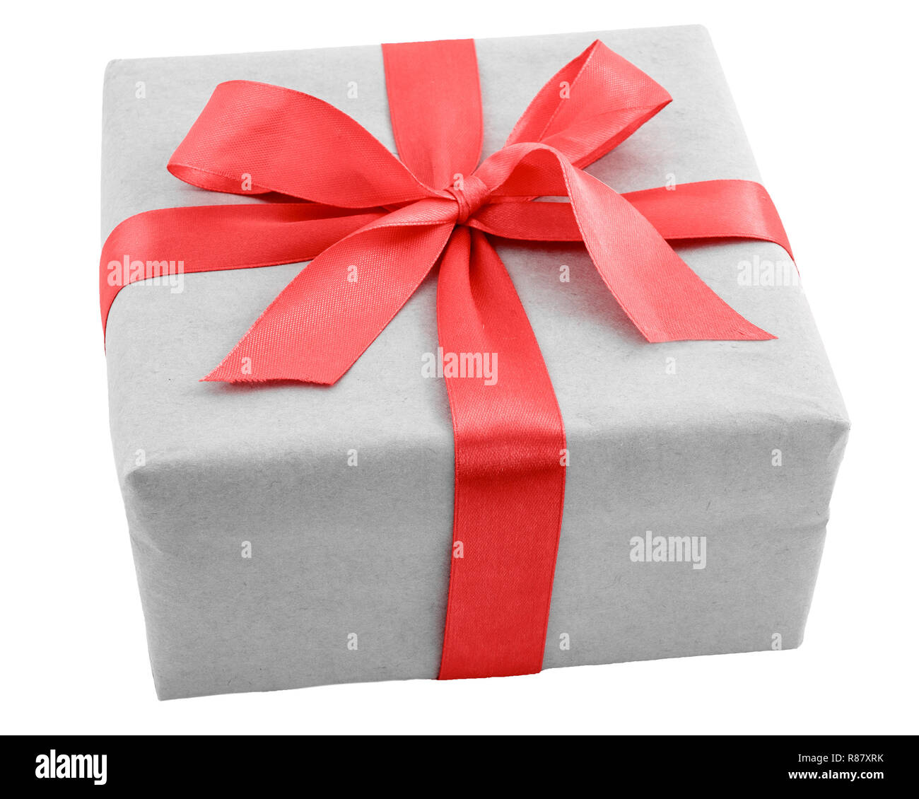 grey gift box with red ribbon bow isolated on white background Stock ...