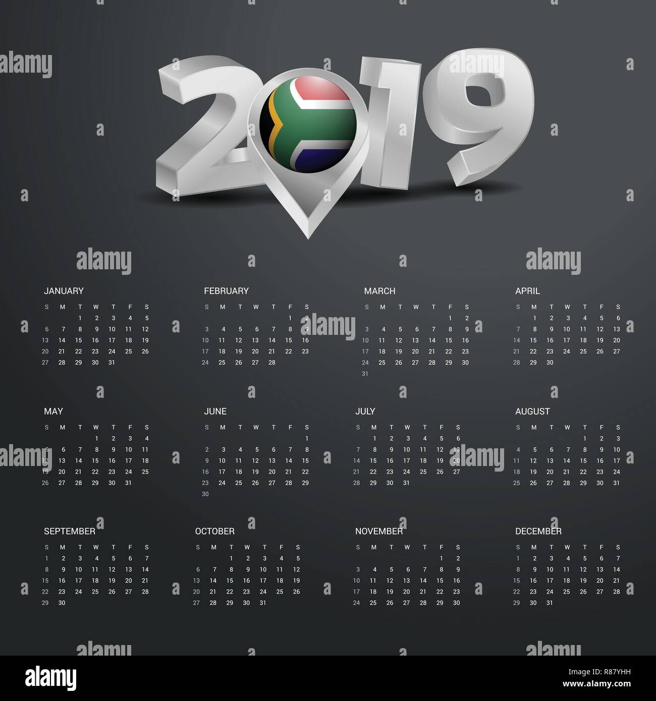 2019 Calendar Template. Grey Typography with South Africa Country Map ...