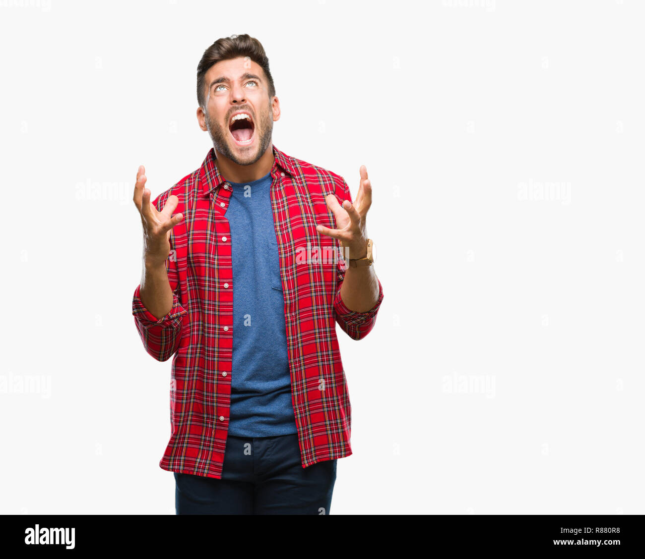 Young handsome man over isolated background crazy and mad shouting and ...