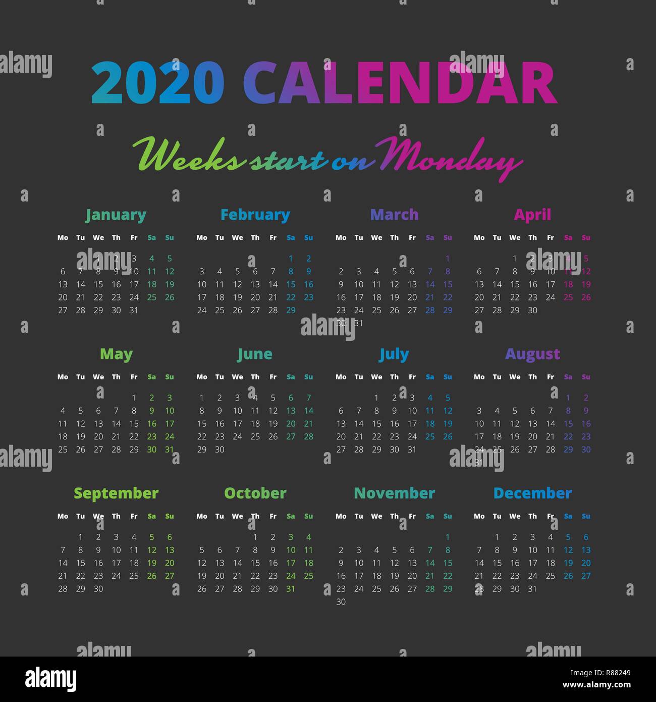 Simple 2020 year calendar on the black background Stock Vector Image ...