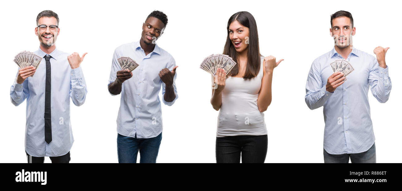 Collage of group team of workers holding bank notes dollars over ...