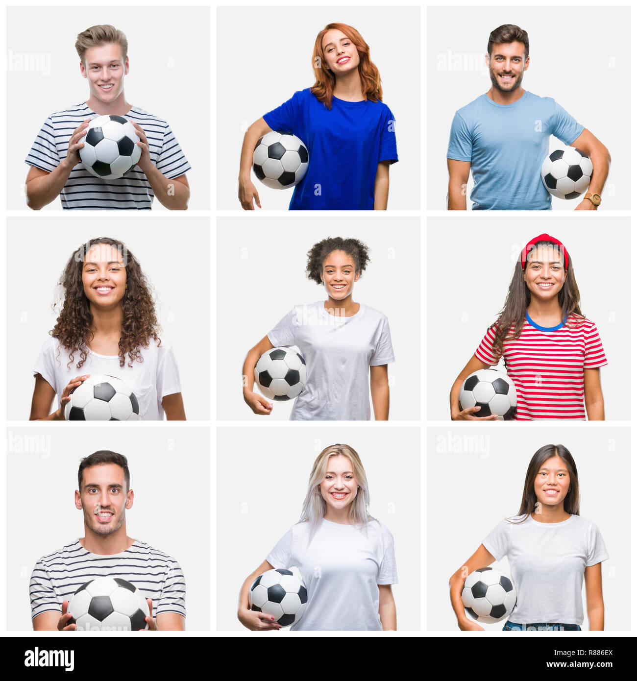 Collage of group of young people holding soccer ball over isolated ...