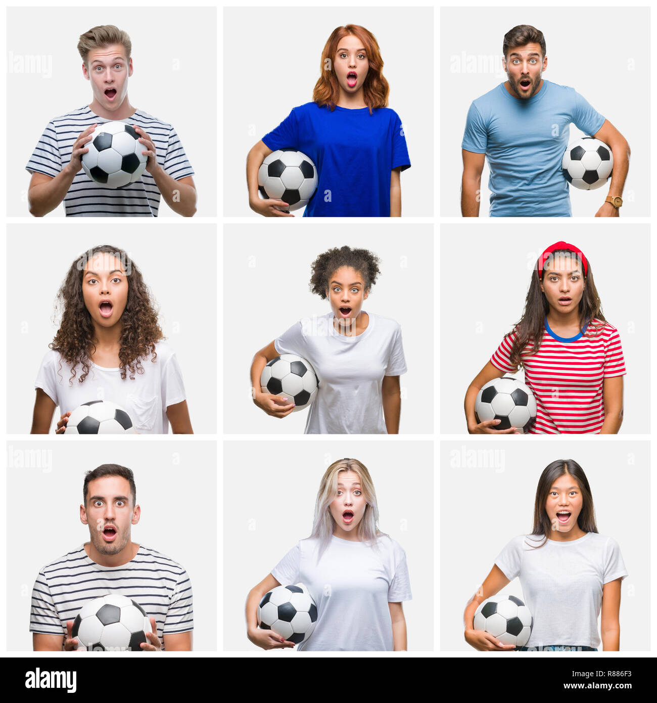 Collage of group of young people holding soccer ball over isolated ...