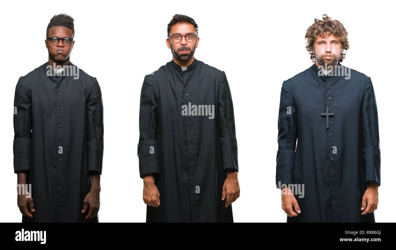 Collage of christian priest men over isolated background puffing cheeks ...