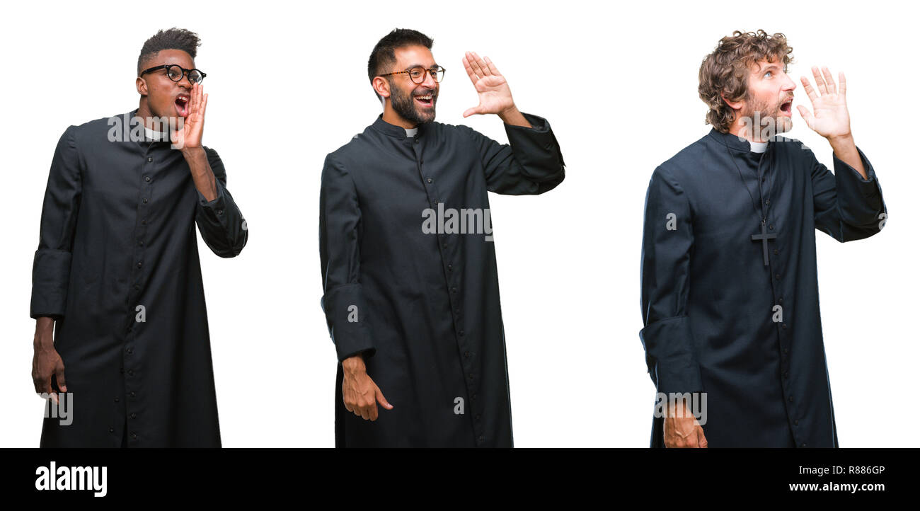 Collage of christian priest men over isolated background shouting and ...