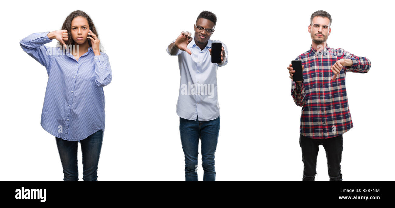 Collage of young people talking and texting using smartphone over ...