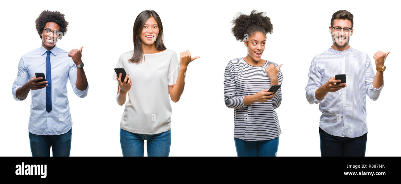 Collage of people texting sending message using smartphone over ...