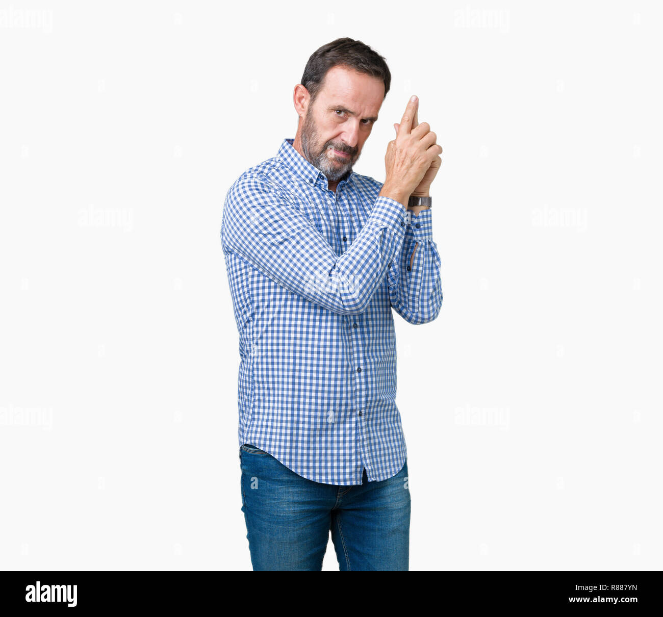 Handsome middle age elegant senior man over isolated background Holding ...