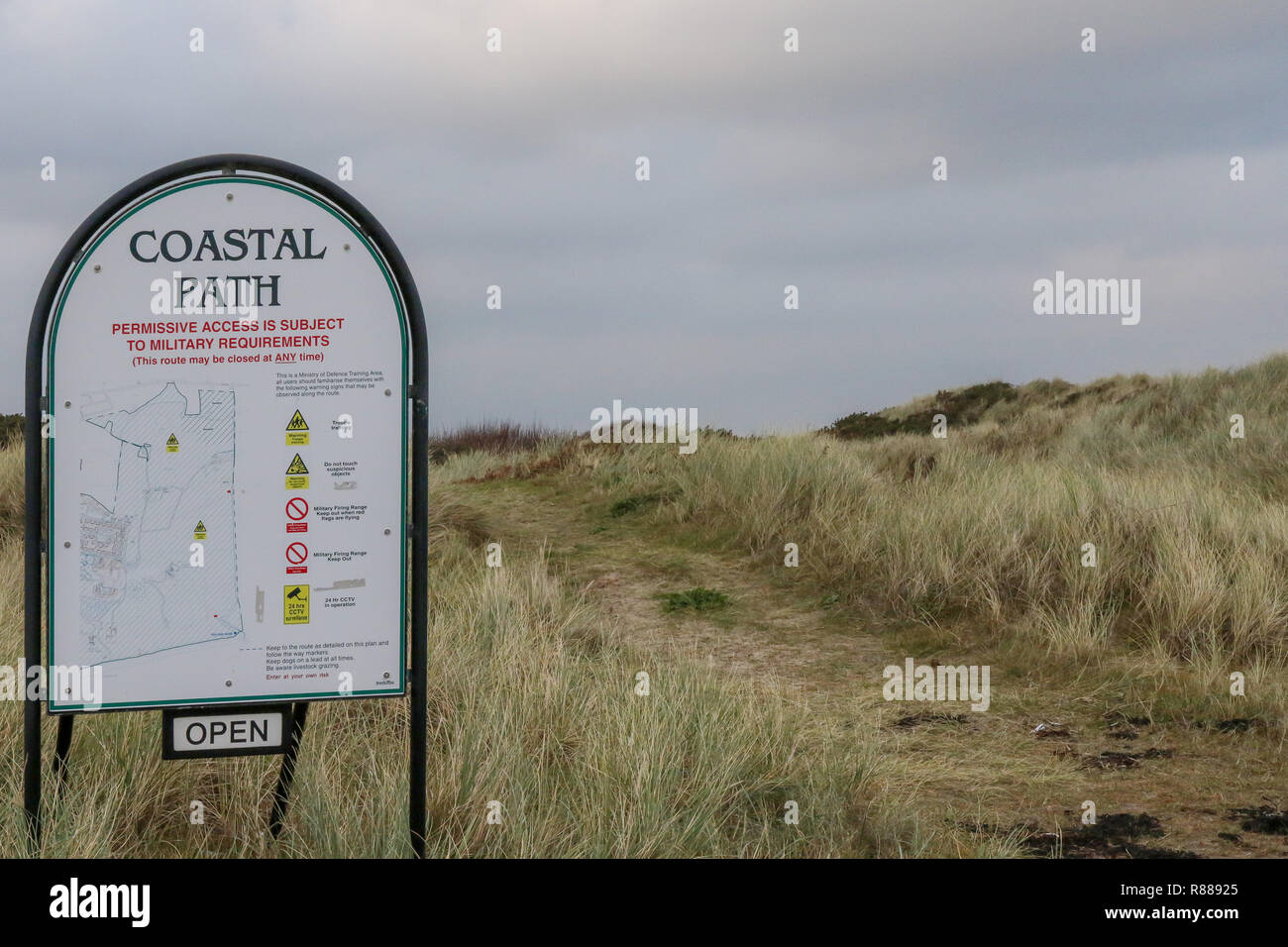 Sign detailing rules about walking on MOD land at the entrance to the ...