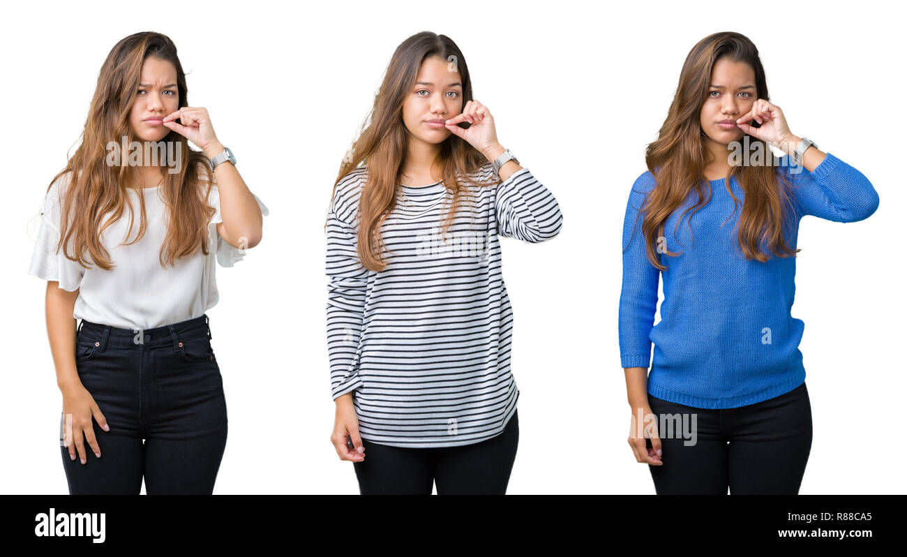 Collage of beautiful young woman over isolated background mouth and ...