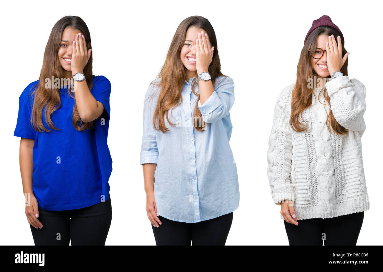 Collage of beautiful young woman over isolated background covering one ...