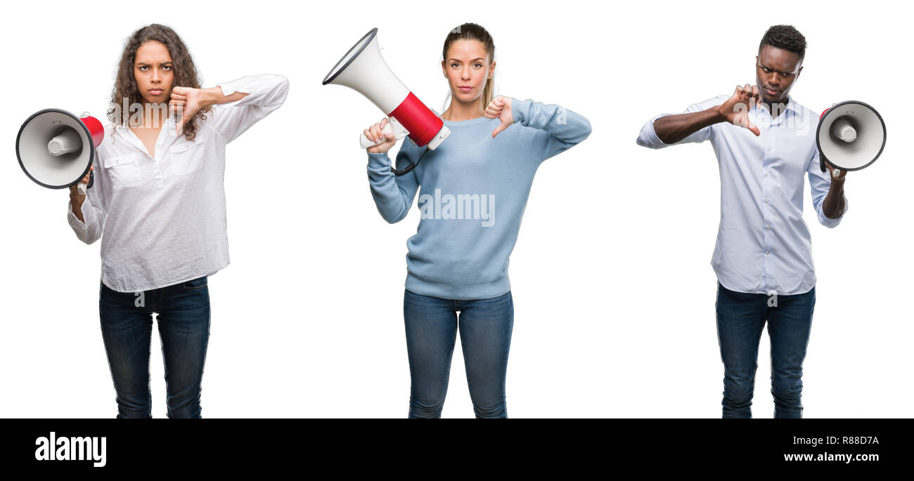 Collage of young people yelling through megaphone over isolated ...