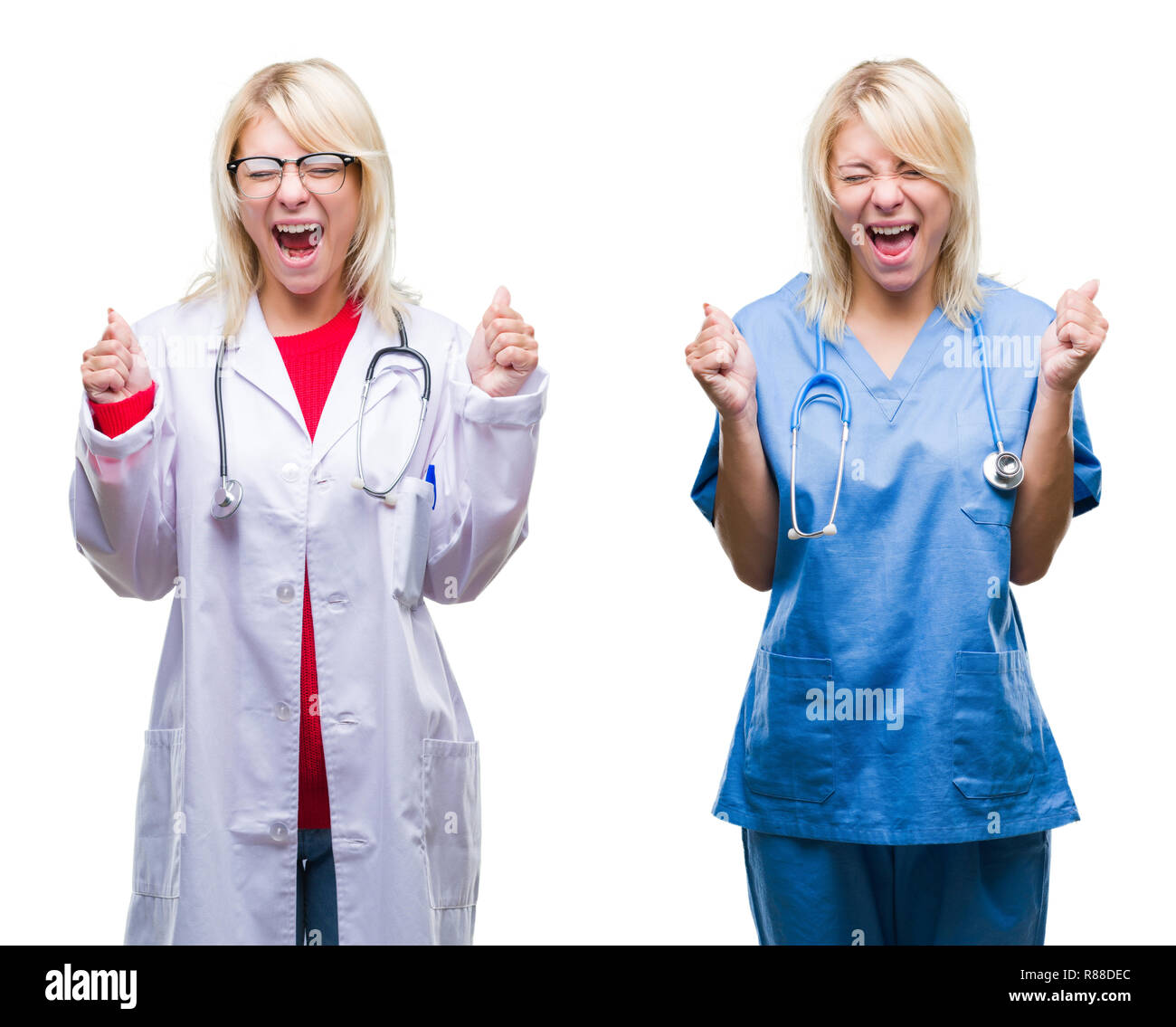 Collage of doctor and nurse woman over white isolated background ...