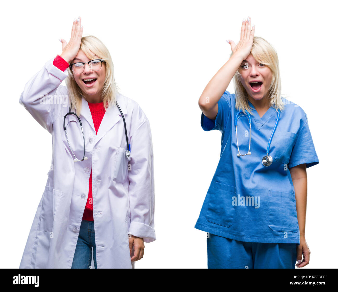 Collage of doctor and nurse woman over white isolated background ...