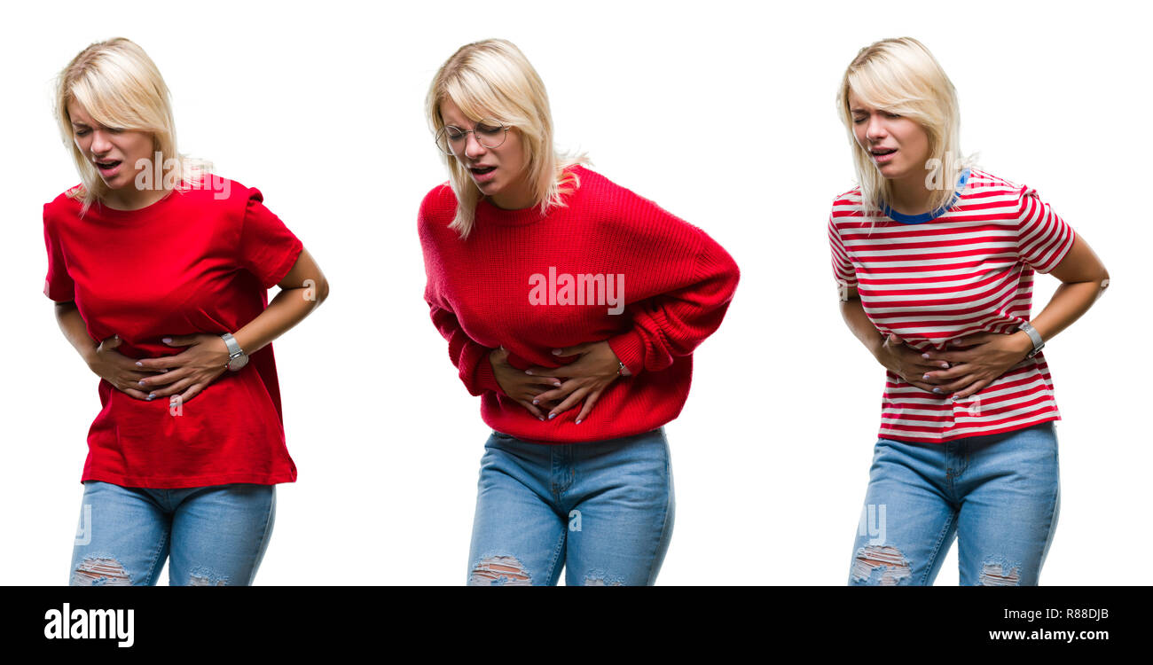 Collage of beautiful blonde woman wearing casual red over isolated ...