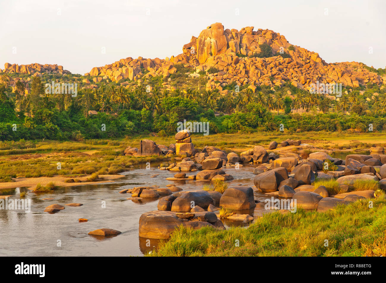 The stony landscape of Tungabhadra River at Hampi, Karnataka, India ...