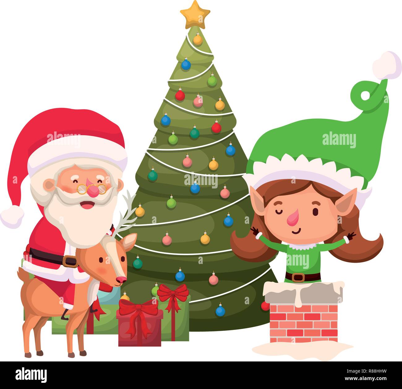 santa claus and elf woman with christmas tree Stock Vector Image & Art ...