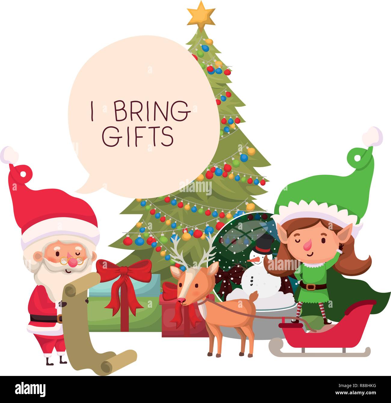 santa claus and elf woman with christmas tree Stock Vector Image & Art ...