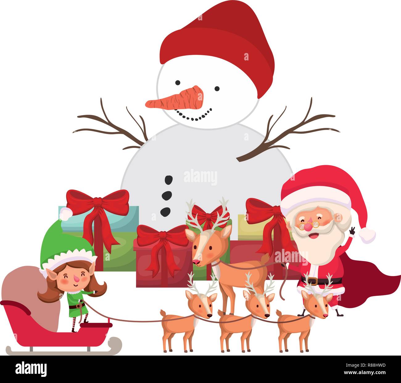 santa claus and elf woman with snowman Stock Vector Image & Art - Alamy