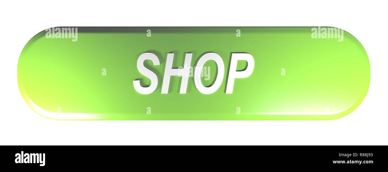 Green rounded rectangle push button SHOP - 3D rendering illustration ...