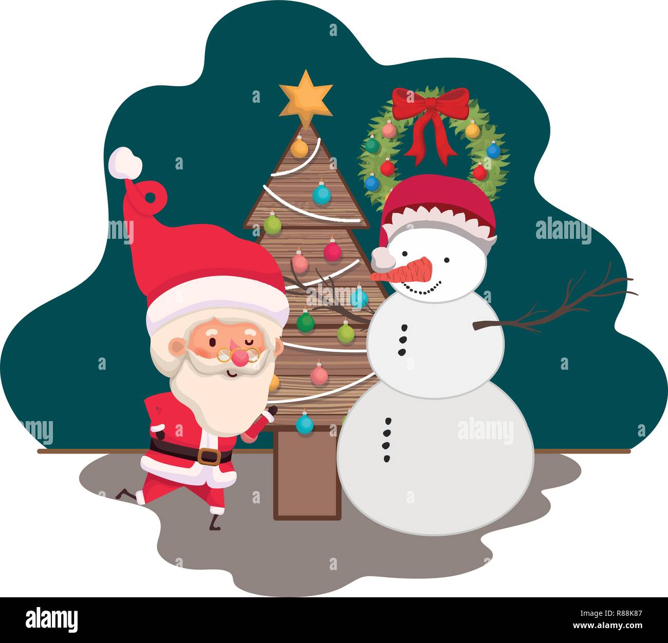 santa claus with christmas tree and snowman Stock Vector Image & Art ...