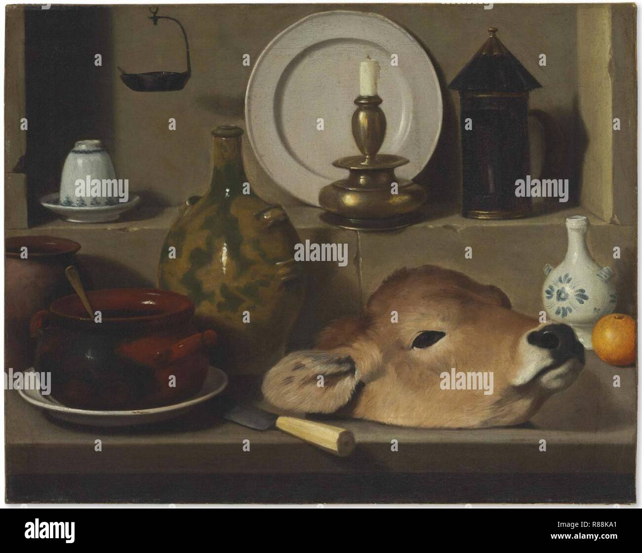 Carlo Magini - An oil lamp, ceramics, brass lantern, knife, onion and ...