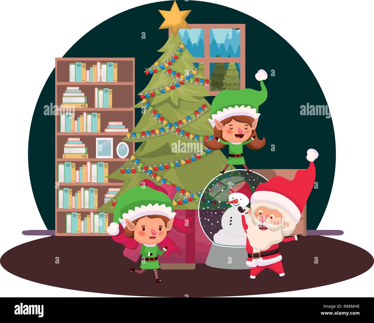 couple of elves and santa claus with christmas tree Stock Vector Image ...