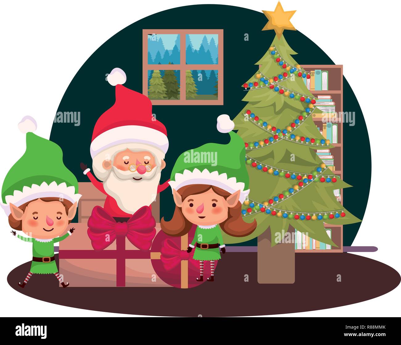 couple of elves and santa claus with christmas tree Stock Vector Image ...