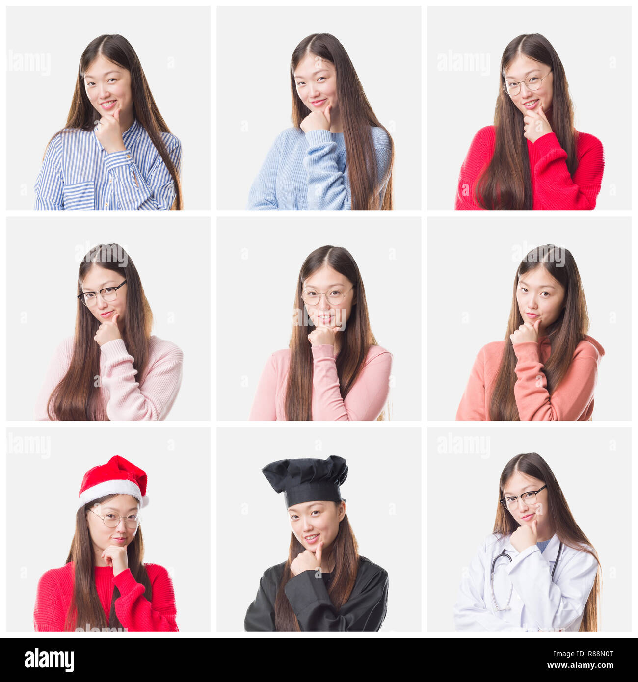 Collage of young doctor, chef asian woman isolated background looking ...